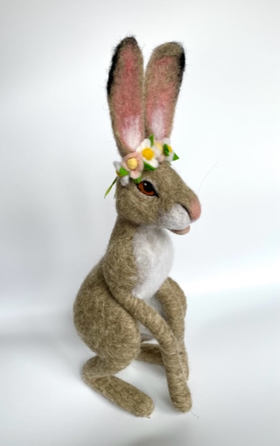 Handmade 3D Needle Felted Hare - Helen Winter Textile Art